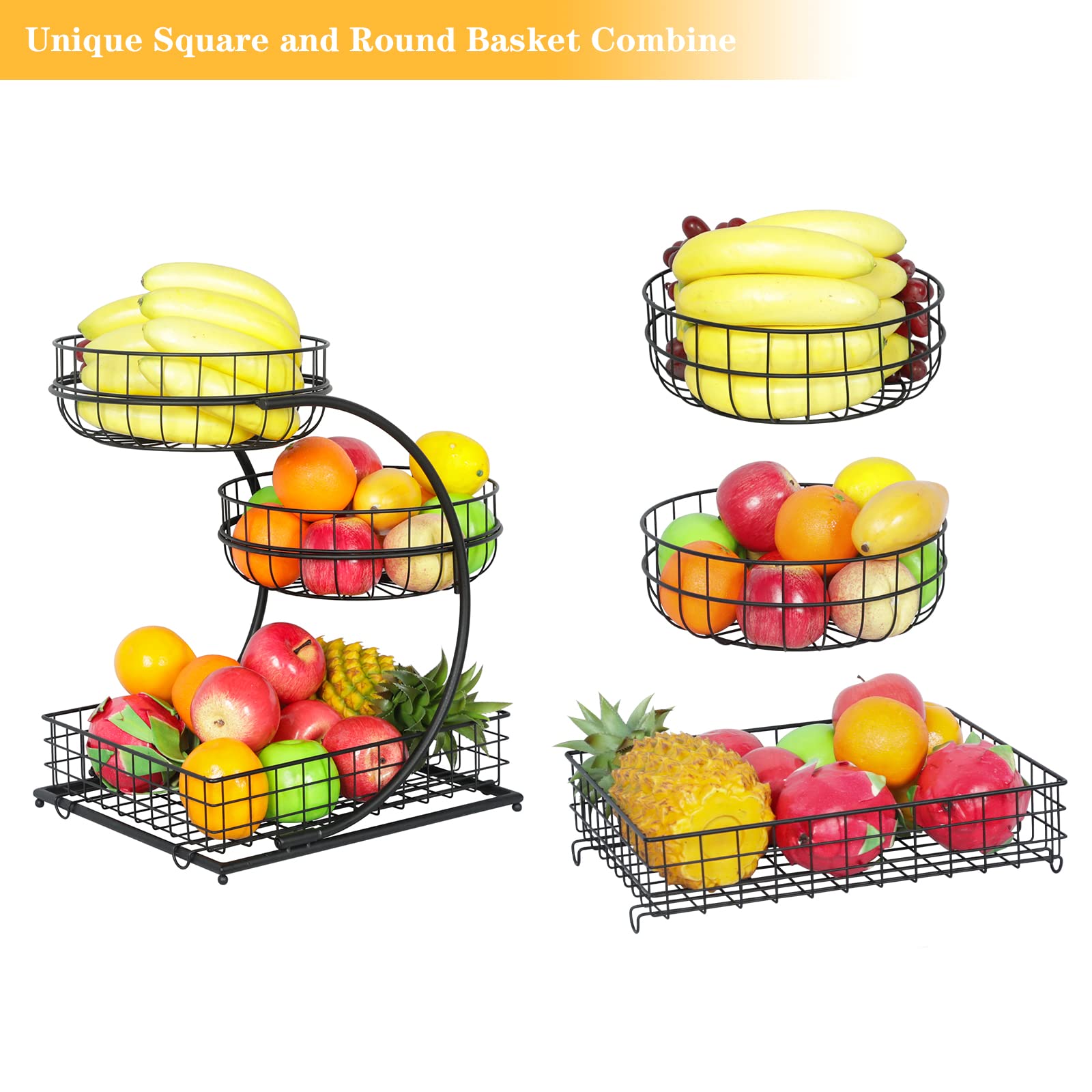 Tiaoheka 3 Tier Fruit Basket for Kitchen, Metal Wire Fruit Bowl for Kitchen Counter, Detachable Fruit Vegetables Storage Basket Holder Stand for Countertop Dining Table(Round and Square, Black)