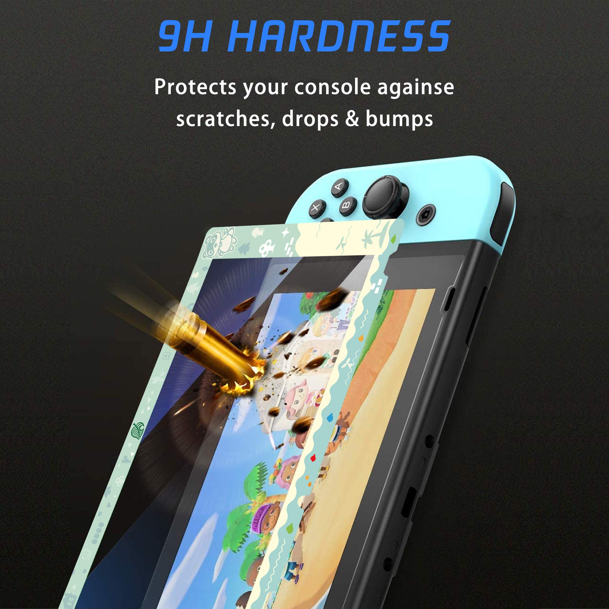 RHOTALL Screen Protector for Nintendo Switch, for Animal Crossing Design Border Tempered Glass Film, Transparent HD Clear Anti-Scratch 9H Hardness Bubble-Free