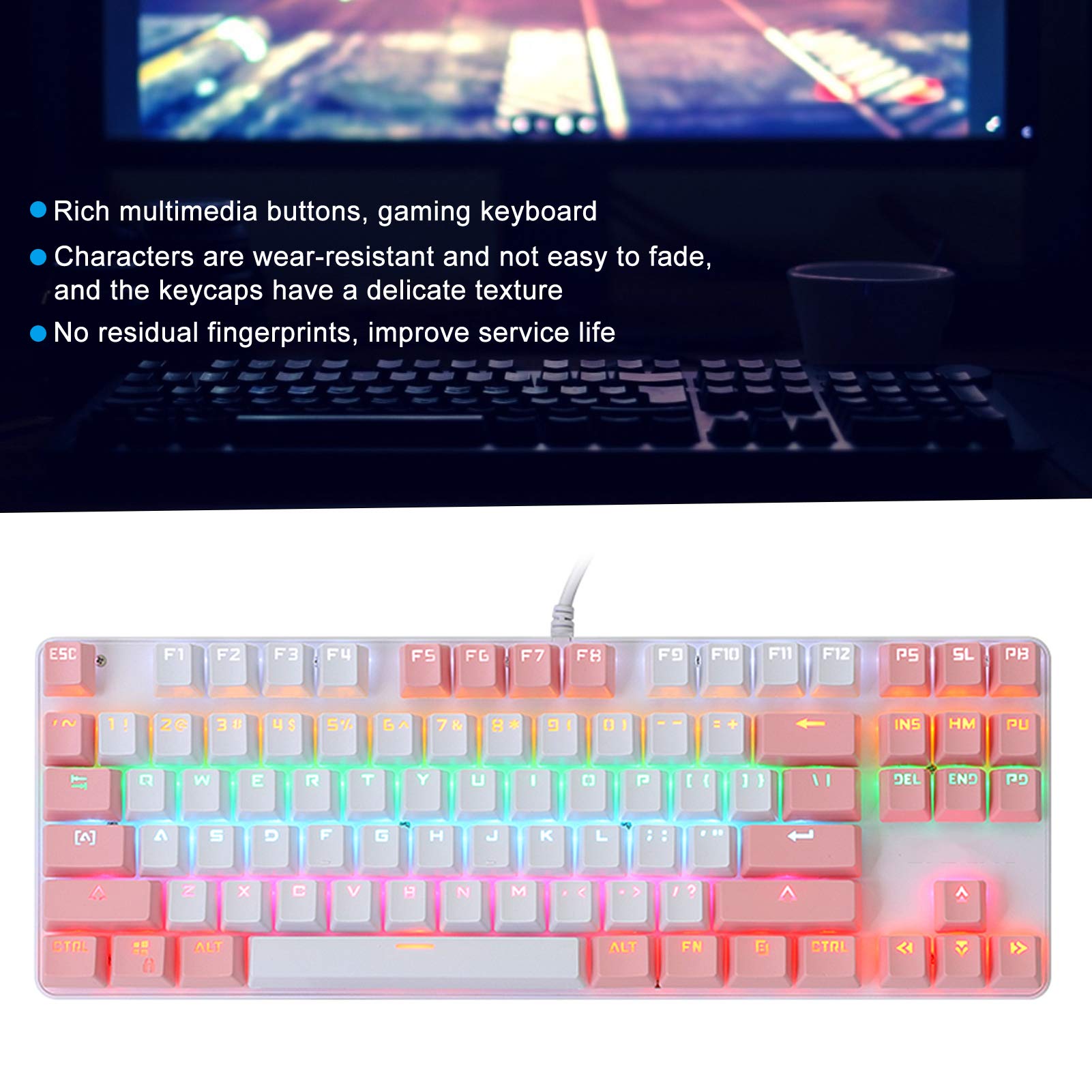PUSOKEI Mechanical Gaming Keyboard, 87 Keys Keyboards RGB LED Rainbow Backlit Wired Keyboard, Mechinal Gaming Keyboard White+Pink, Mechanical Keyboard,Plug and Play(Pink)