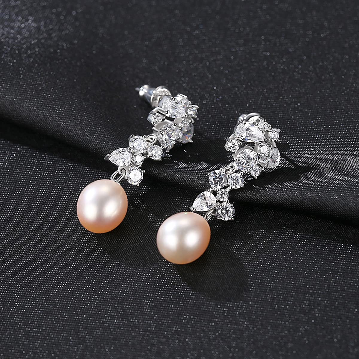 QuakerBird Freshwater Cultured Genuine Pearl Drop Earrings for Women Sterling Silver 9-10 mm Pearls Tennis Cluster CZ Dangle Stud Earrings Wedding (01, ivory)