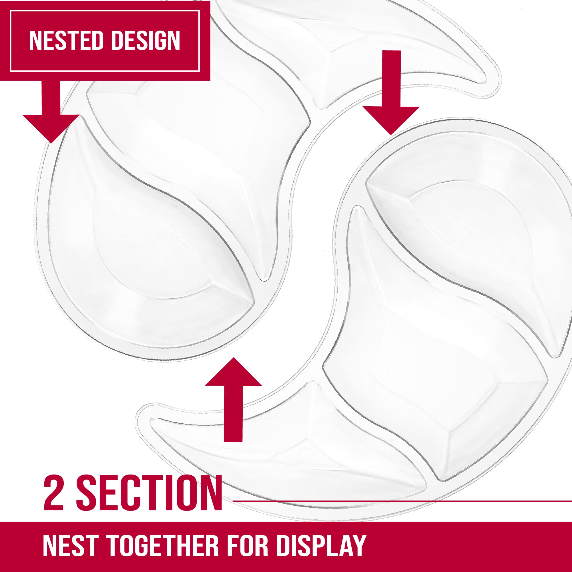 PlasticPro 2 Section Divided Plastic Serving Food Tray Yin Yang 2 Part Double Section Decorative Dish for Parties and Hosting, 1 Set of Clear