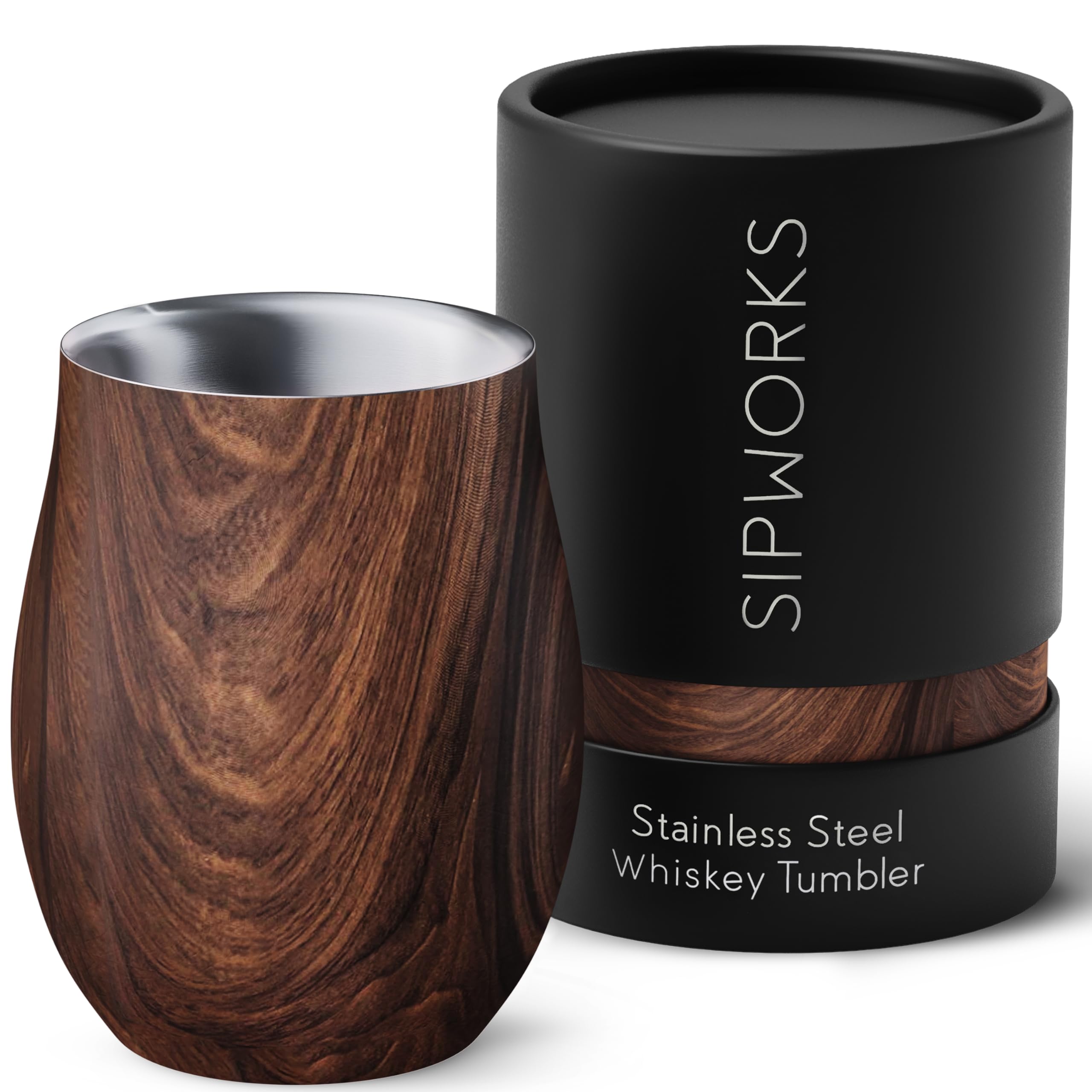 Sipworks Whiskey Tumbler - 8 oz Stainless Steel Tumbler with Double Walled Vacuum Insulation - Dishwasher Safe, Spill Resistant, Insulated Whiskey Tumbler for Travel & Parties - Mahogany