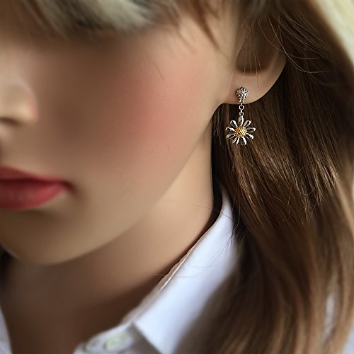 Paul Wright 925 Silver Daisy Dangle Earrings, 13mm Daisies with 18ct Gold Plated Centres, Length 22mm