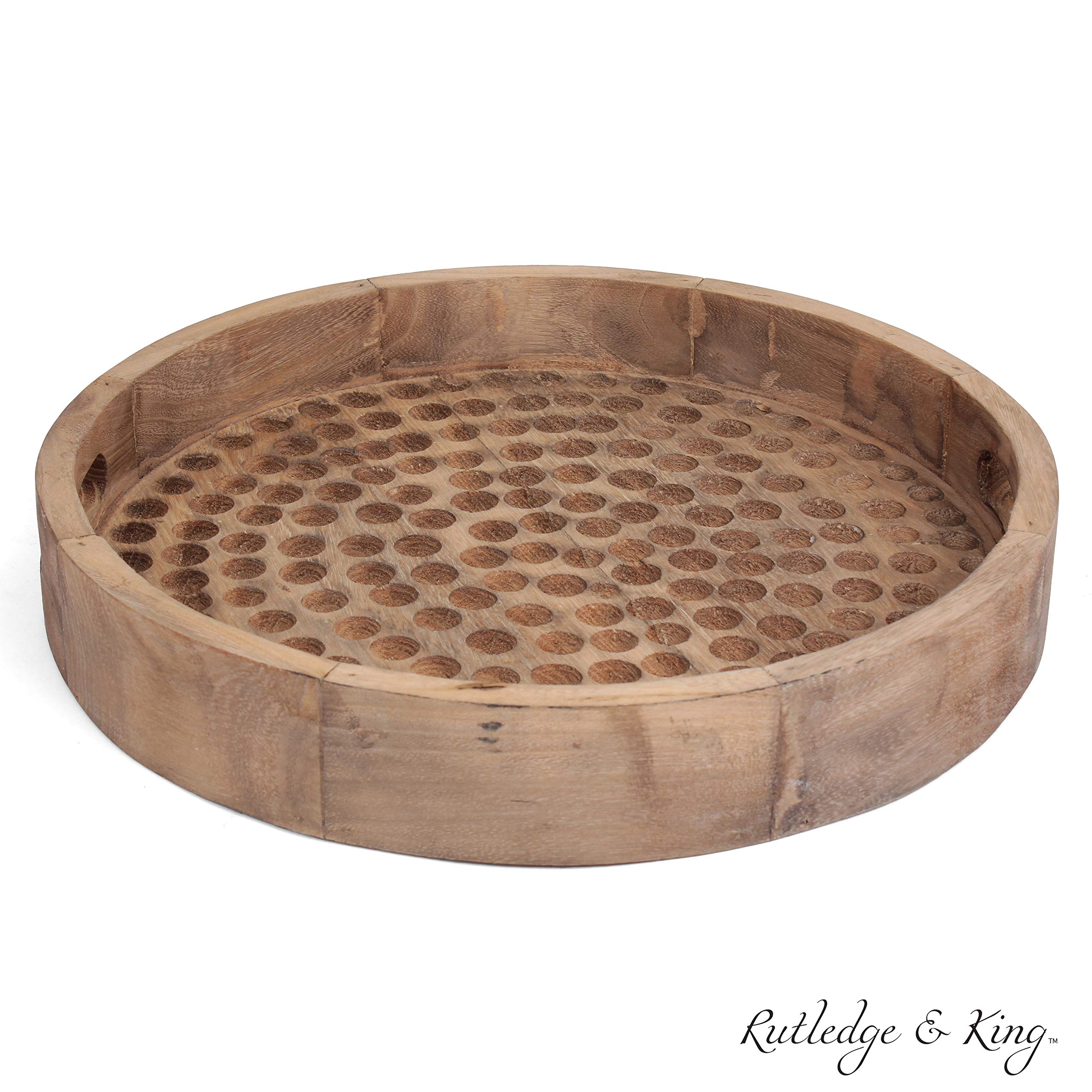 Rutledge & King Brighton Serving Tray - Ottoman Tray/Decorative Tray - Coffee Table Tray/Round Wooden Tray - Breakfast in Bed Tray with Handles - Rustic Wood Tray