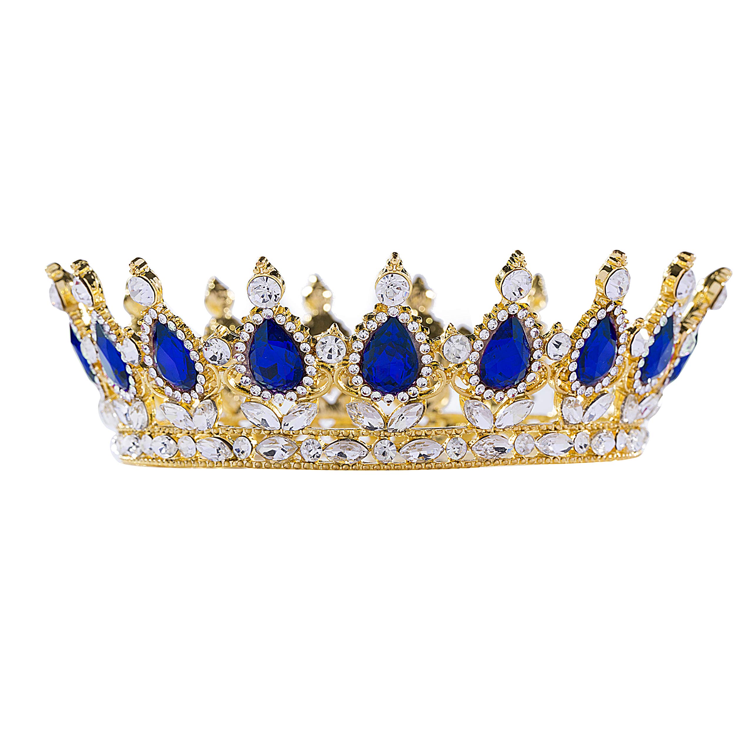 Pensoda Rhinestone Cake Topper Crown Fancy Party Cake Decoration Princess And Prince Headpiece (Gold-blue)
