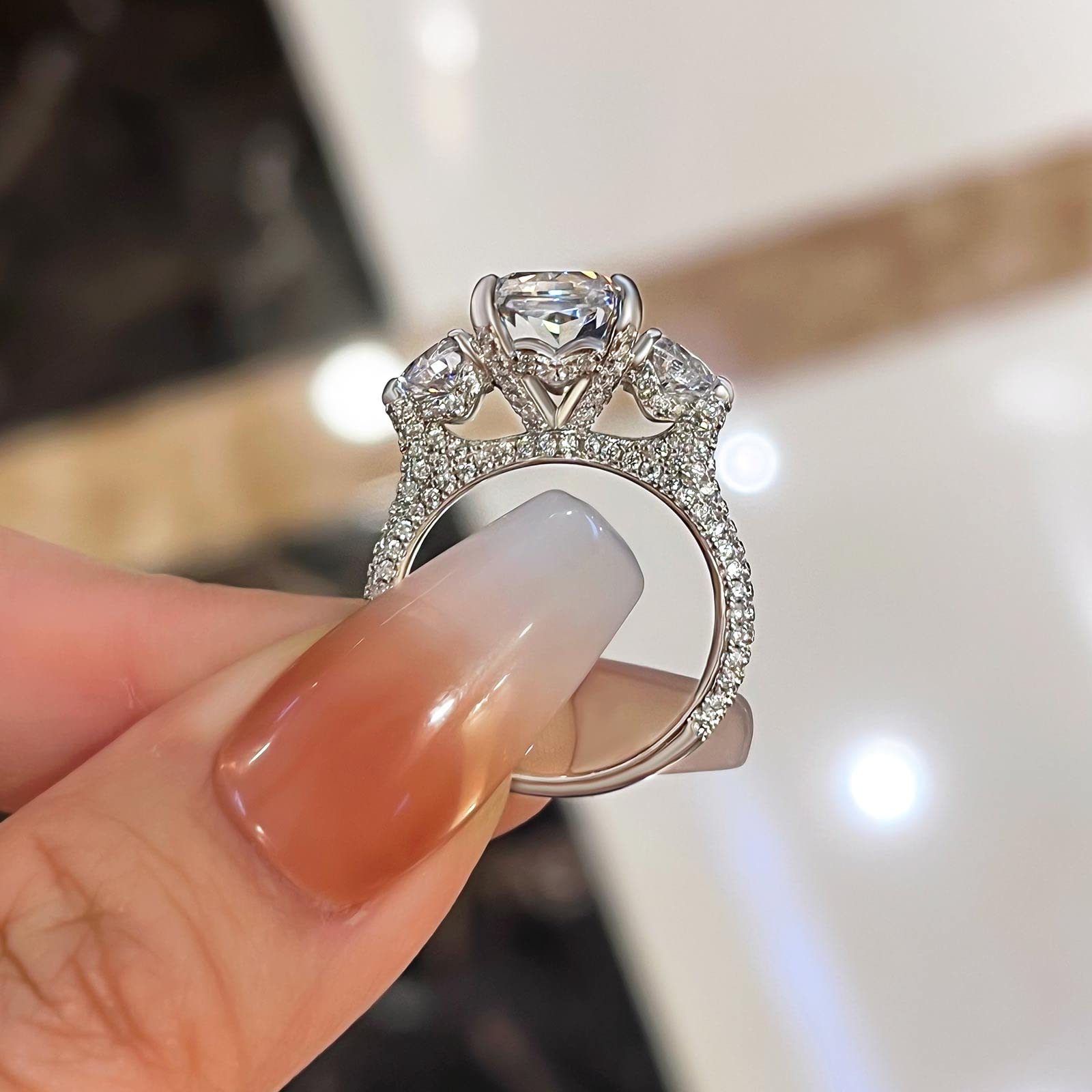 RODIFFY 4.5ct 3 Stone Radiant Cut & Heart Cut Engagement Ring for Women,18K White Gold Plated Silver Promise Ring (Size:7)