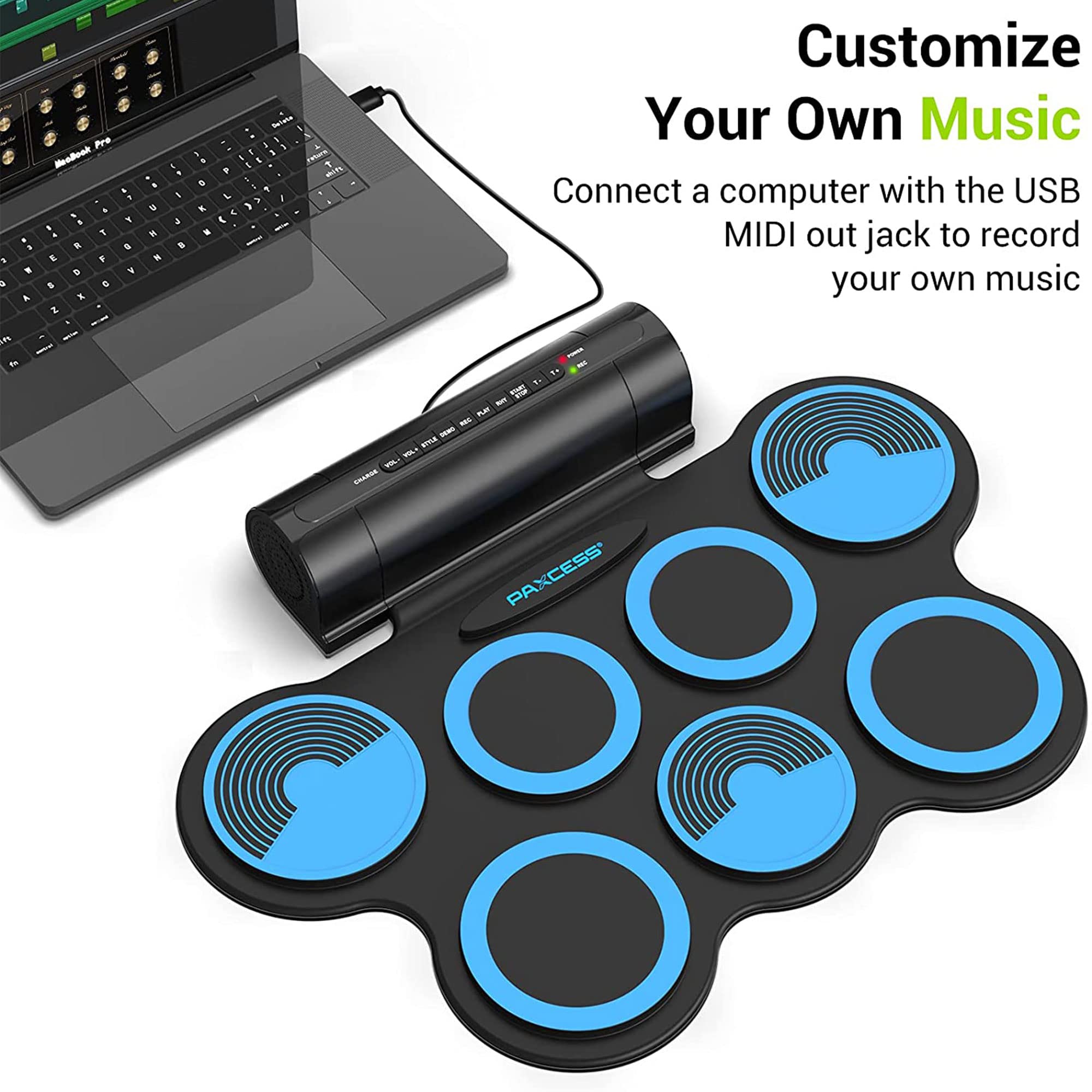 PAXCESS 7 Pad Portable Electronic Drum Set with Headphone Jack, Built-in Speakers, Drum Stick, Foot Pedals, Rechargeable Battery, and Charger