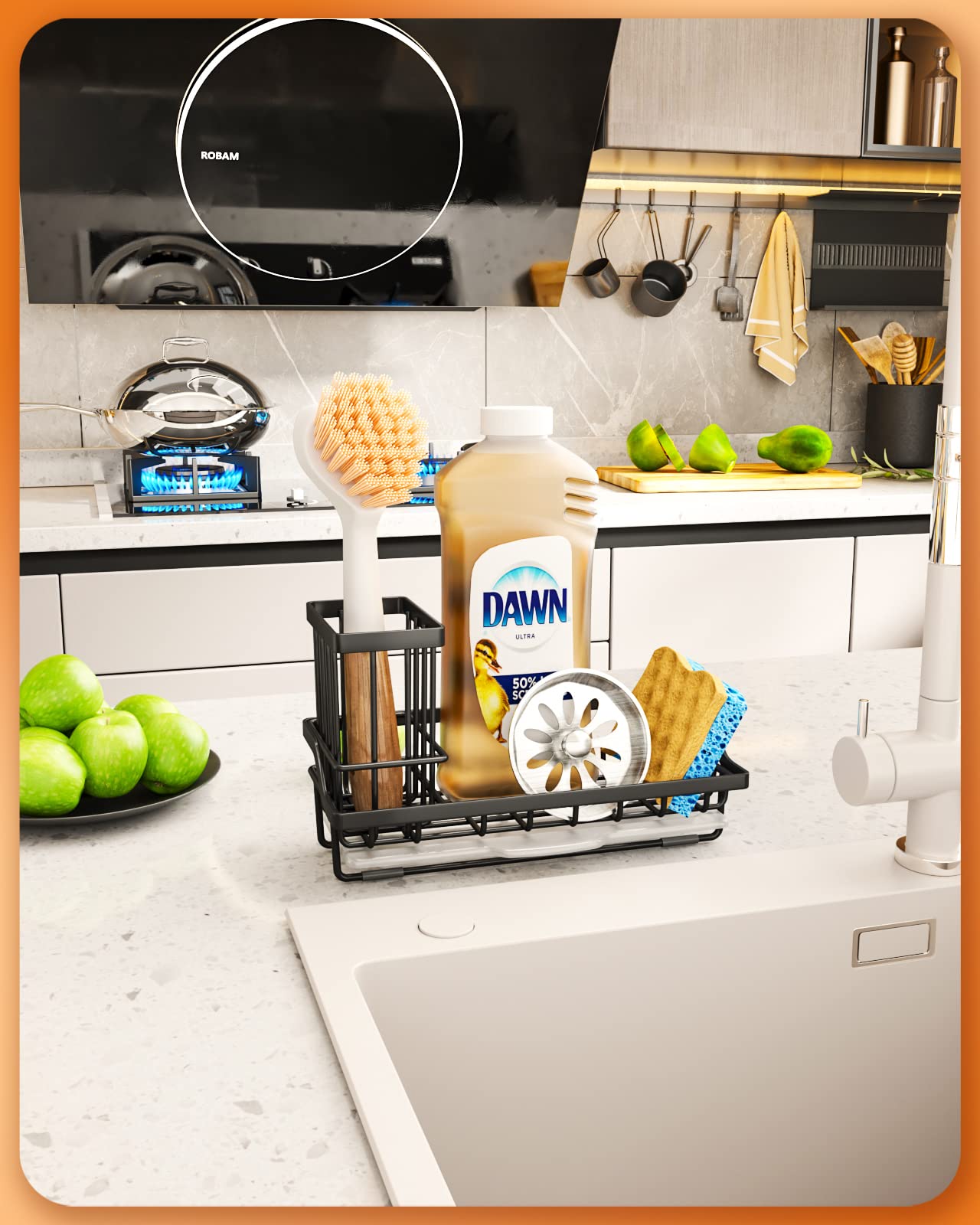 SWTYMIKI Sink Caddy Sponge Holder - Kitchen Sink Organizer with High Brush Holder for Countertop by the Sink Holding Dish Soaps and Sponges, Stainless Steel, Black