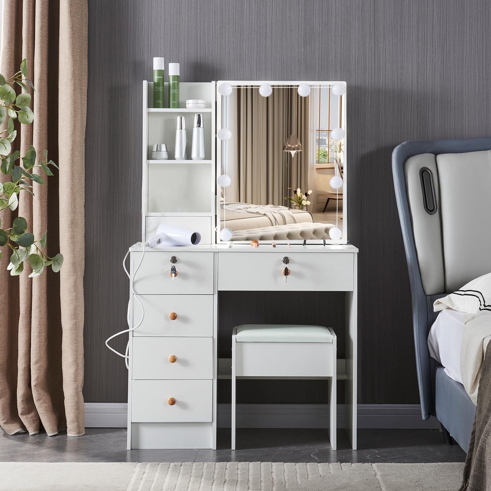 Makeup Vanity Dressing Table with 3 Color Lighting and Mirror, Vanity Set with Cushioned Stool and Drawers, Shelves for Bedroom, Dressing Room