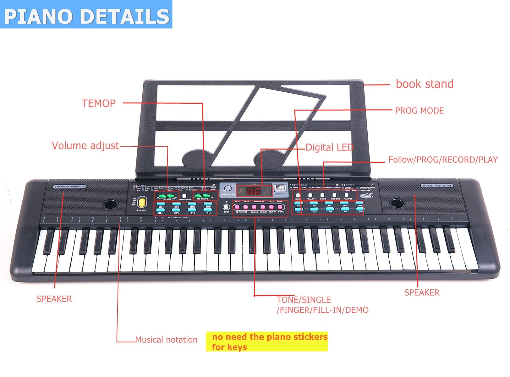 SEMART keyboard piano 61 key electric piano digital w/stand microphone electronic keyboards musical toy gifts for kids beginners