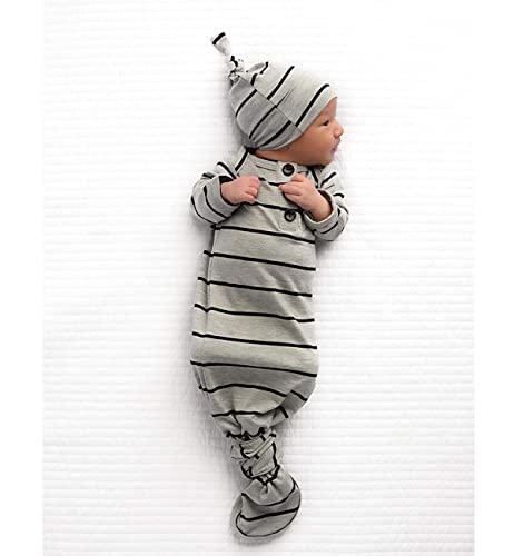 Newborn Baby Cotton Striped Gown Swaddle Wrap Knotted Sleepwear Sleeping Bags + Warm Headband (Grey, 0-6M)