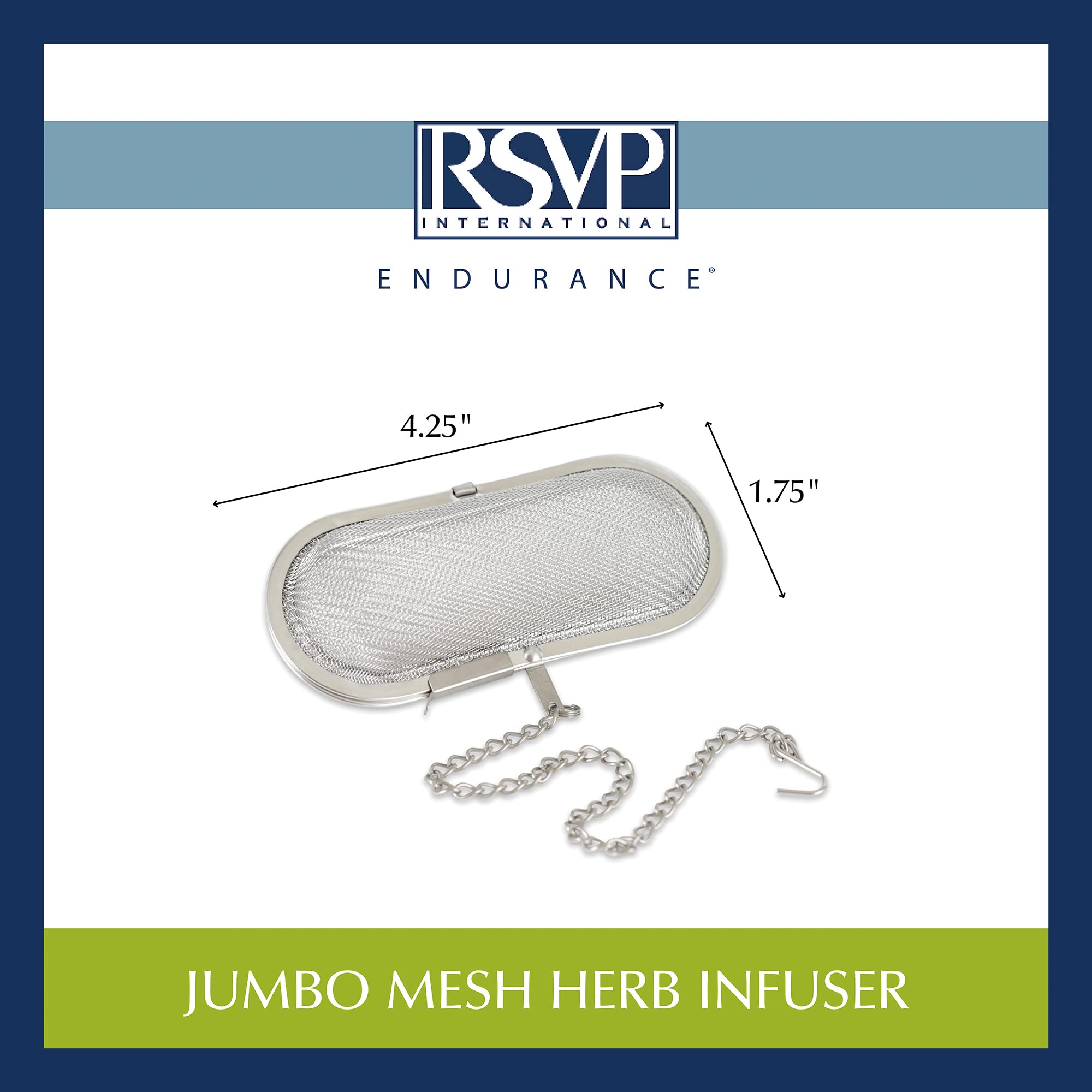 RSVP International Endurance Kitchen Collection Stainless Steel Mesh Floating Spice Infuser for Soups, Stews or Large Tea Pot, Jumbo Oval, 4.25x1.75