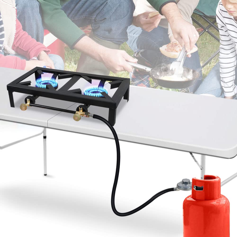 Outdoor Propane Gas Burner, Double Burners Cast Iron Stove with 1.5m Propane Regulator Hose, Patio Yard Camping BBQ Cooking