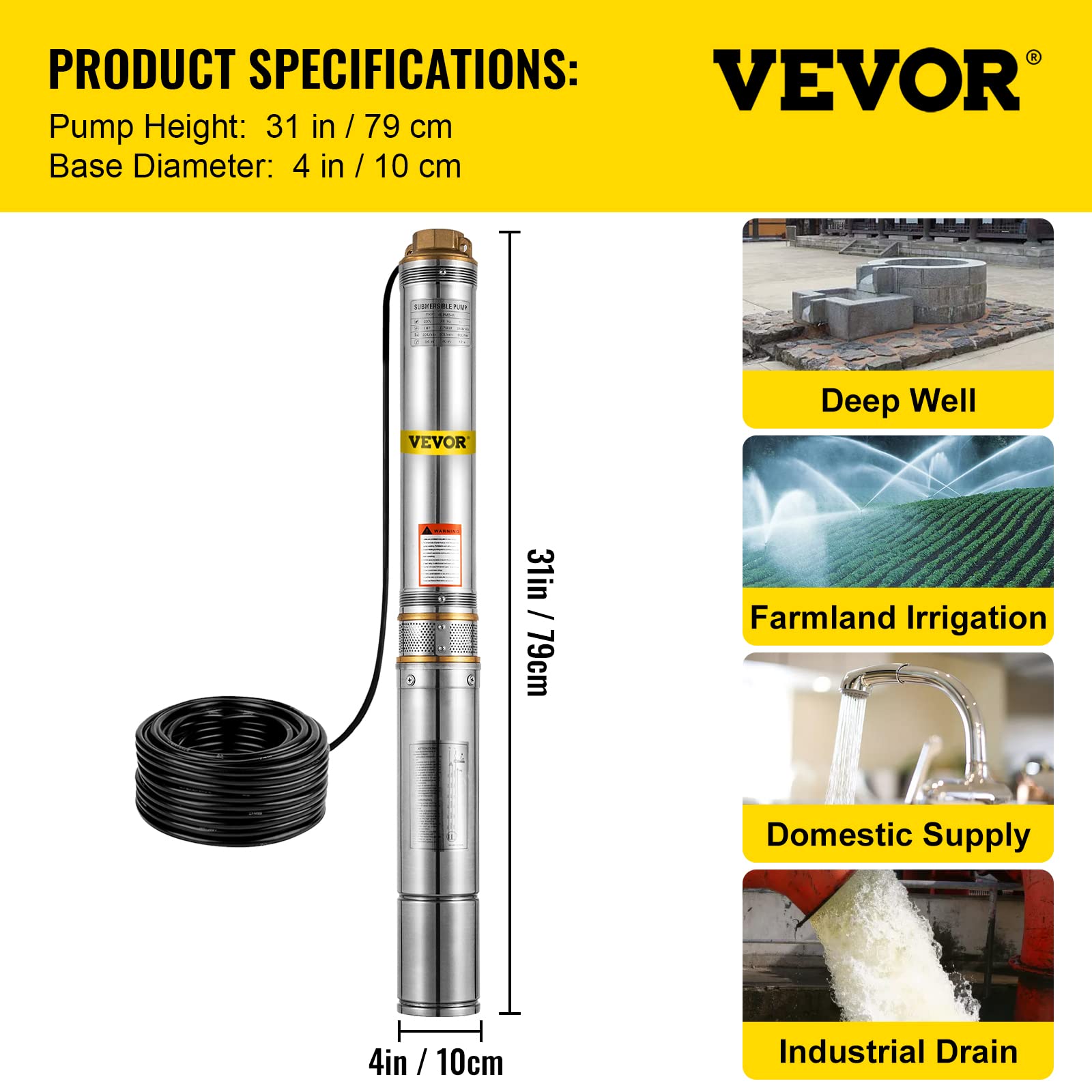 VEVOR Well Pump 1 HP 33GPM Deep Well Pump 207ft Head with 9.8ft Cable Water Well Pumps Submersible Stainless Steel for Factories, Farmland, Irrigation Use