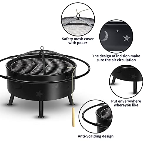 WASAKKY Fire Pits Wood Burning Grill - 30” Round Steel Deep Bowl Firepit - Backyard Cosmic,Stars and Moons Firepit 2-in-1 for Outside Patio Cooking Black