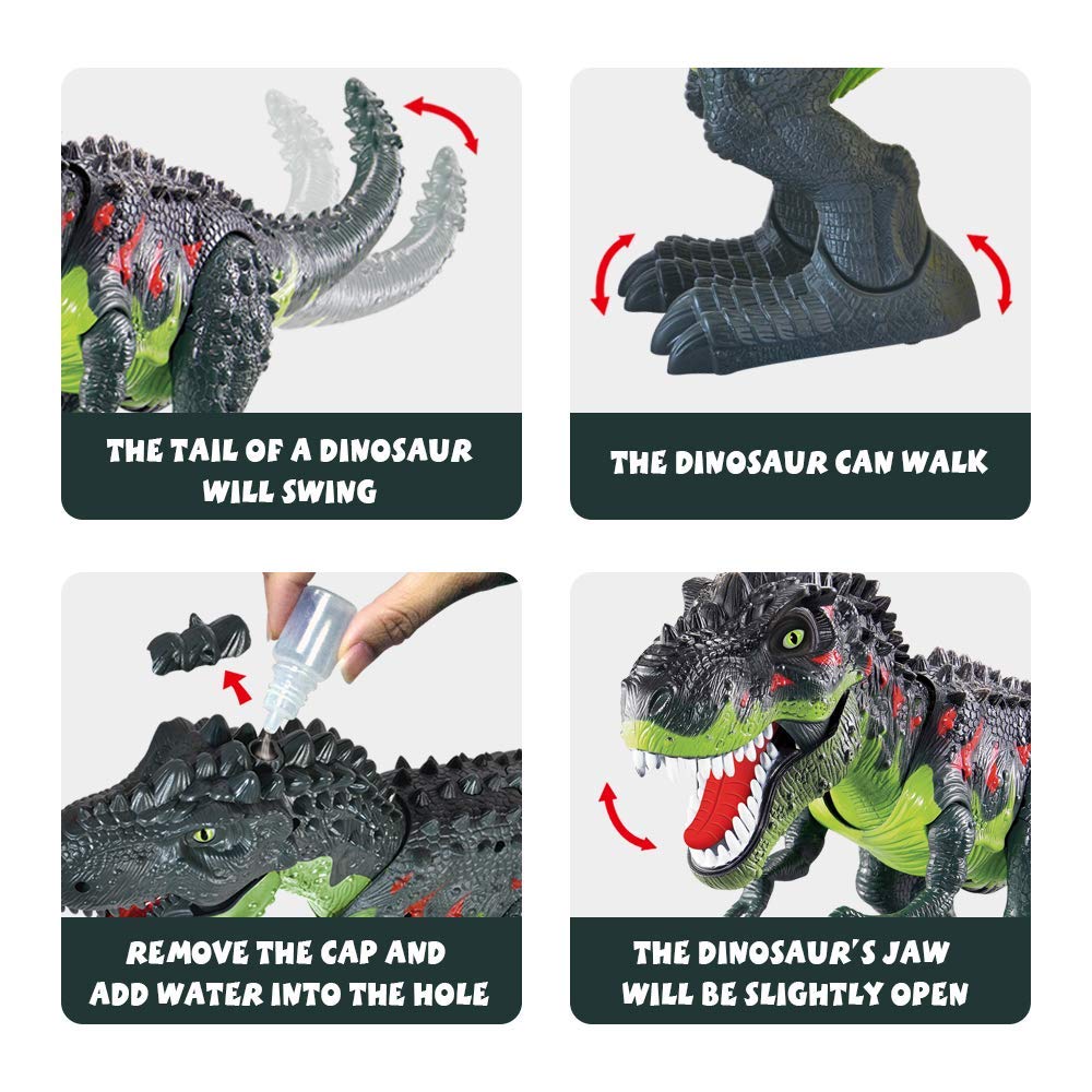 WESPREX Remote Control Dinosaur Toy: Walking T-Rex, Flame Spray, Laying Eggs, Light-Up Eyes, Roaring Sound, 6 Pull Back Cars - for Ages 3+