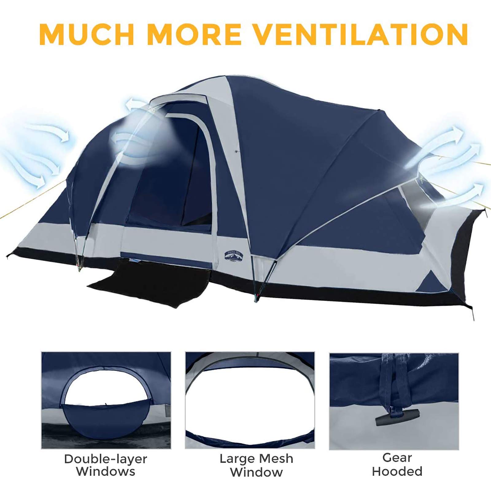 Pacific Pass 8 Person Dome Tent w/ Removable Rain Fly and Room Dividers, Water Resistant - Navy/Gray