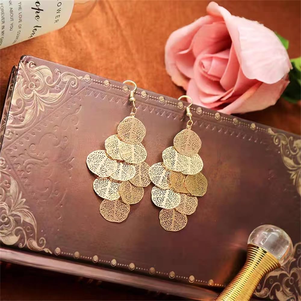 Rofeego 18k Gold Plated Layered Circle Leaf Chandelier Dangle Drop Earrings –Boho Lightweight Filigree Earring
