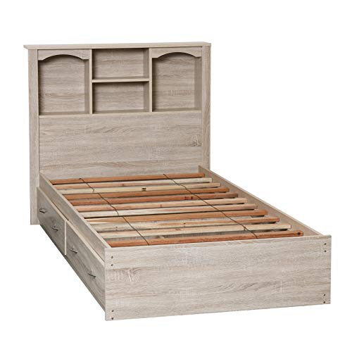 OS Home and Office Furniture Model 41109 Twin Sized Bed with Bookcase Headboard and Two Underbed Drawers Platform, Single, Sand