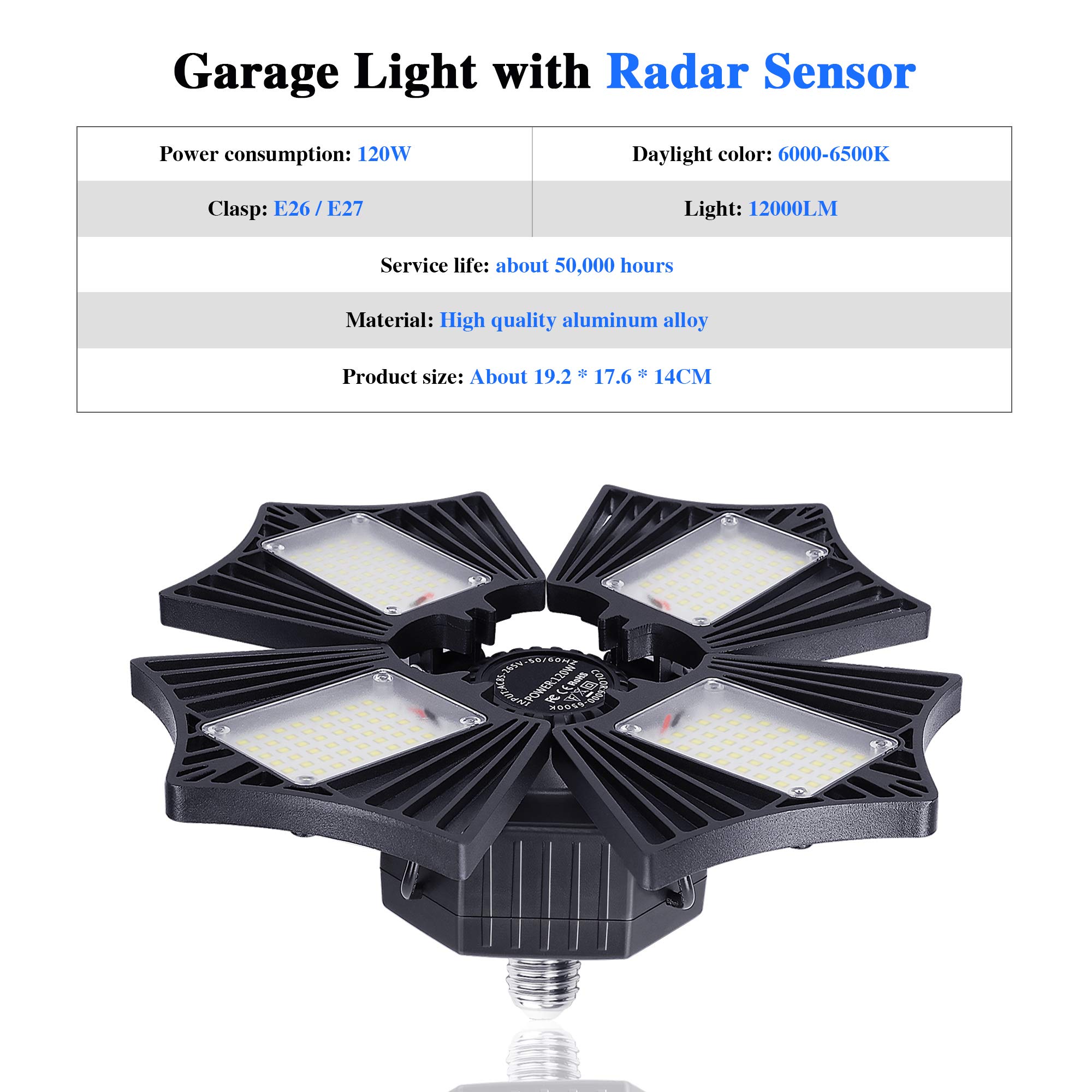 REEXBON Garage Lights Motion Sensor LED Shop Light 120W 12000LM Ceiling Light Deformable Barn Lights High Bay Light with 4 Adjustable Panels for Garage,Warehouse,Workshop,Attic,Basement