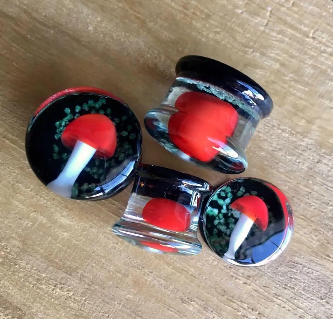 Lobal Domination PAIR of Floating Red Mushroom Pyrex Glass Double Flare Plugs with Glow in the Dark Background (8mm (0g))