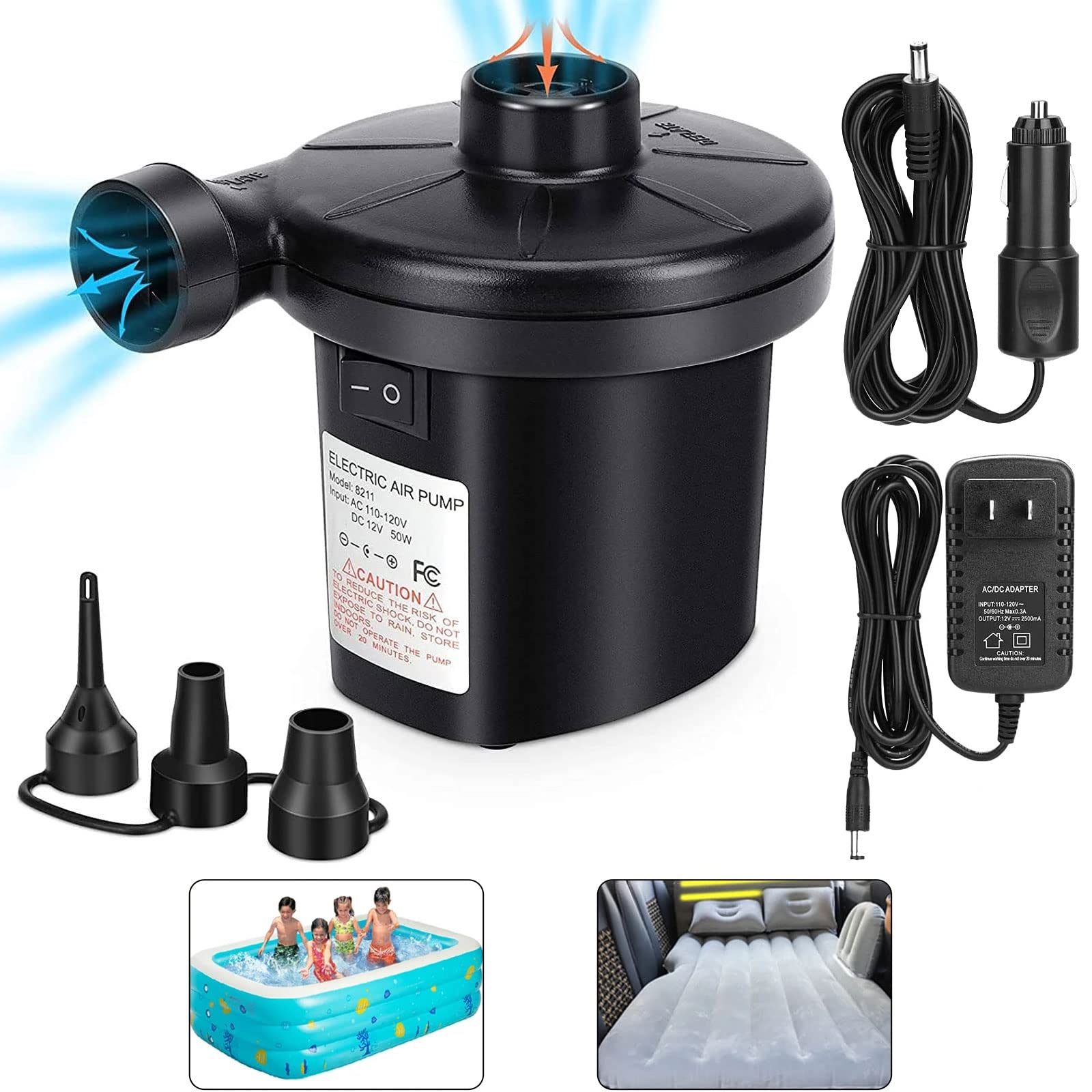 Quick-Fill Electric Air Pump, Portable Inflator and Deflator Pump with 110V AC & 12V DC Cigarette Adapter for Pool Floats, Blow up Pool Raft Bed Boat Toy Inflatables Couch (AC&DC)