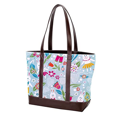 Women's Large Size Canvas Shoulder Bag Hobo Crossbody Handbag Casual Tote, Happy Easter Flower Cartoon Rabbit Lovely