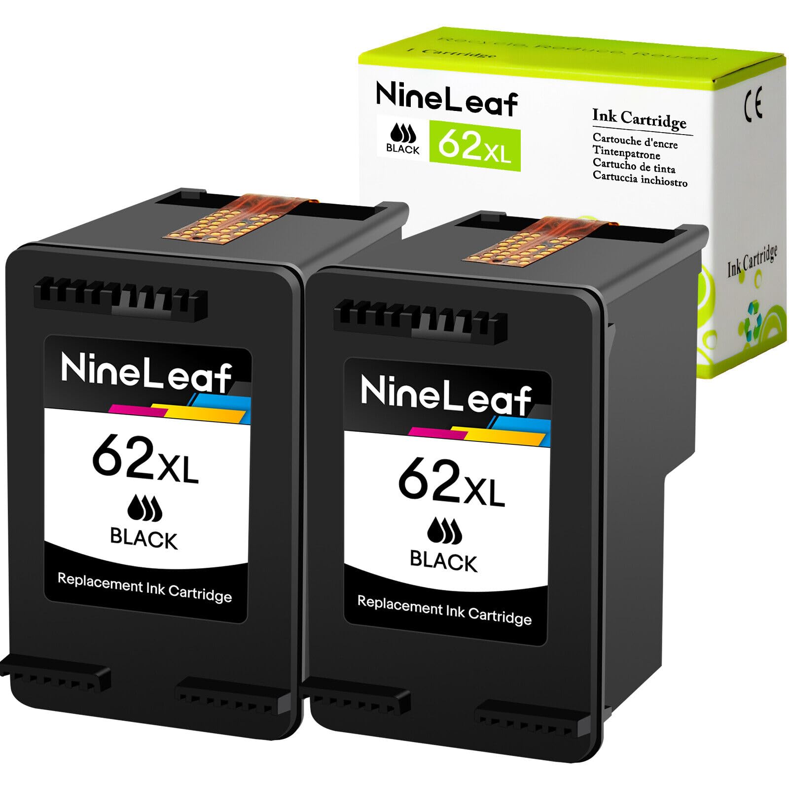 NineLeaf Remanufactured Ink Cartridge Replacement for HP 62XL 62 XL use in Envy 5540 5640 5660 7644 7645 OfficeJet 5740 8040 OfficeJet 200 250 Series Inkjet Printer（2 Pack Black