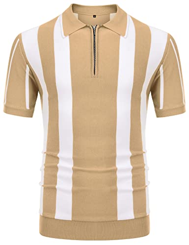 URRU Mens Casual Athletic Golf Polo Shirts Turn Down Collar Zipper Vertical Shirt Khaki XL