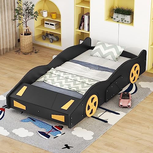 Morhome Twin Size Race, Car-Shaped Platform Wheels and Storage, Bed for Kids, Girls, Boys, Black+Yellow