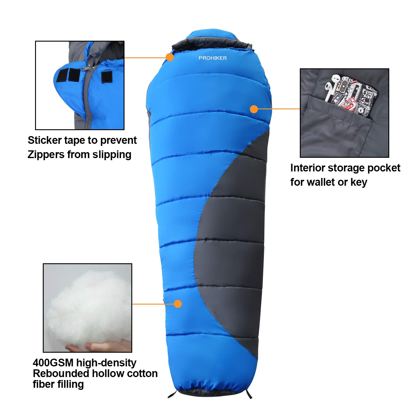 PROHIKER Mummy Sleeping Bag Lightweight for Adults Cold Weather Waterproof 4 Season for Camping Hiking with Compression Sack Backpacking Sleeping Bag for Adults & Kids (Blue)