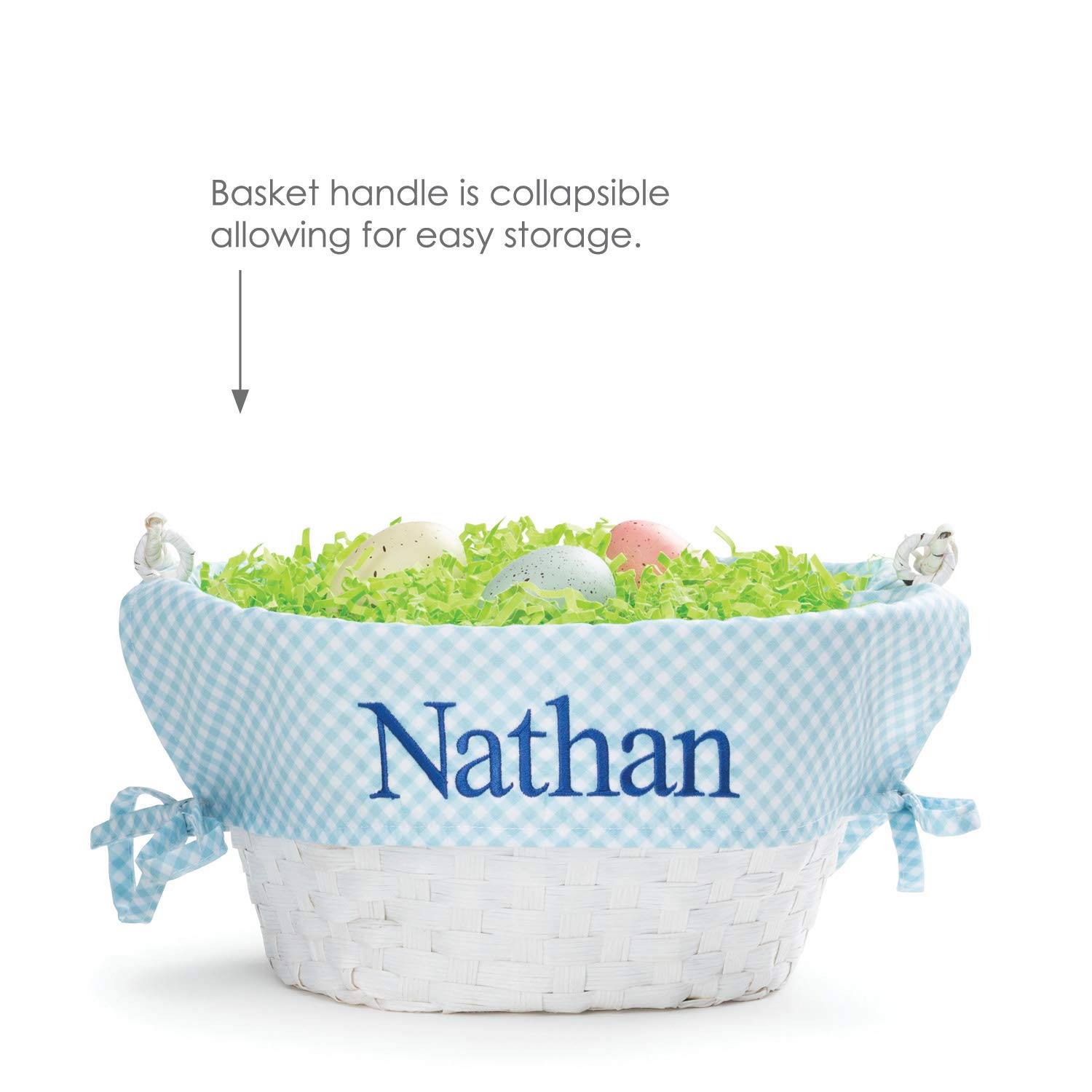 Personalized Easter Egg Basket with Handle and Custom Name | Blue Gingham Easter Basket Liners | White Basket | Woven Easter Baskets for Kids and Adults | Customized Easter Basket | Gift for Easter