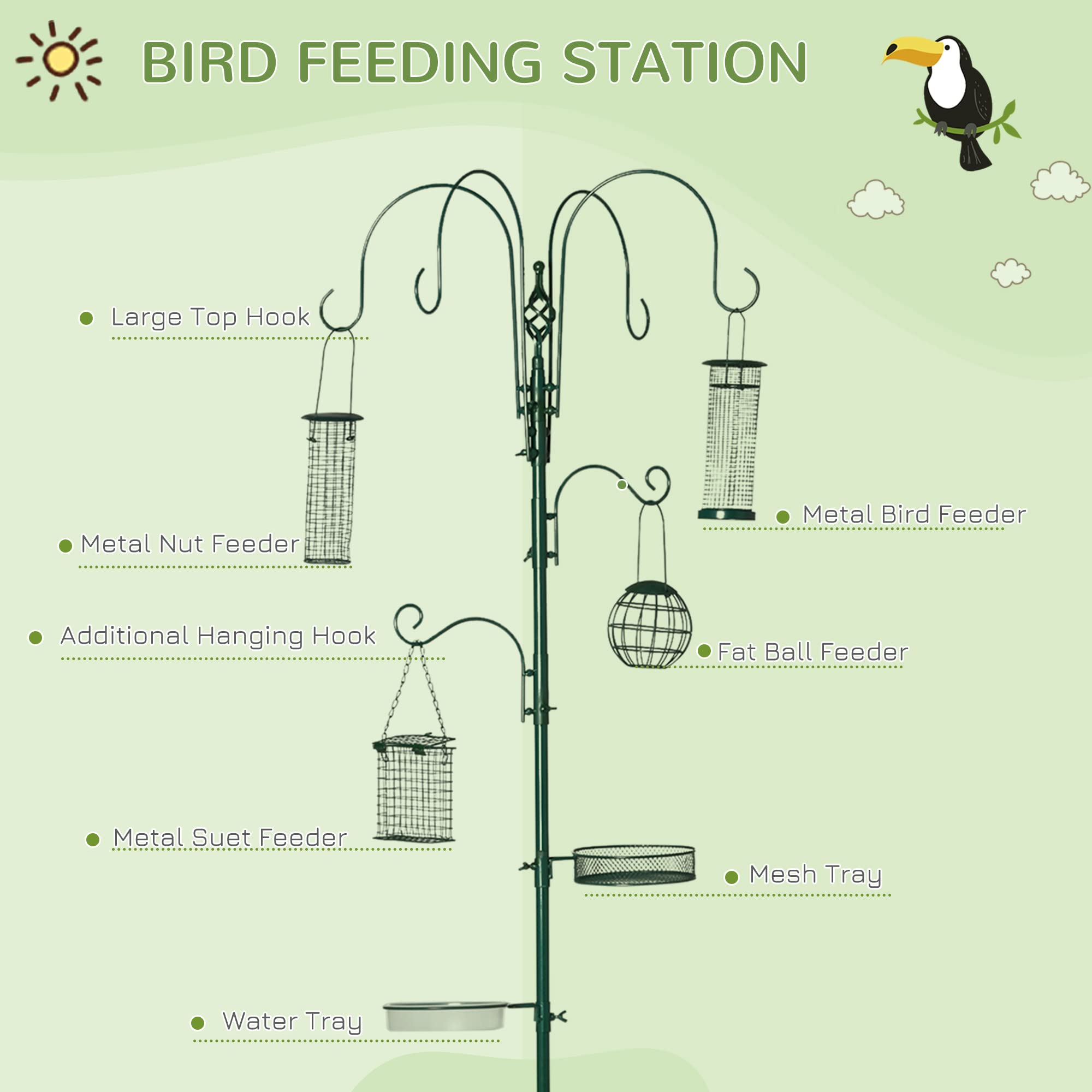 PawHut 6 Hook Feeding Station, Steel Multi-Feeder Kit Stand with 4 Bird Feeders, Mesh Tray, Water Dish and 4-Prong Base, Green