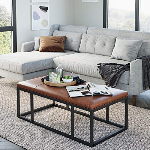 Nathan James Doxa Modern Industrial Coffee Table Wood in with Metal Rectangle Frame, Bench, Warm Brown