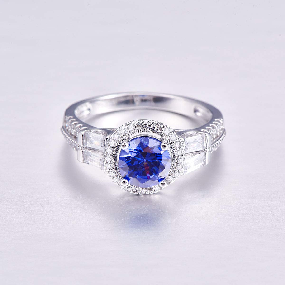 Pakula 925 Sterling Silver Ring Split Shank Band 7x7mm Round Simulated Tanzanite CZ Halo Ring for Women Size 8