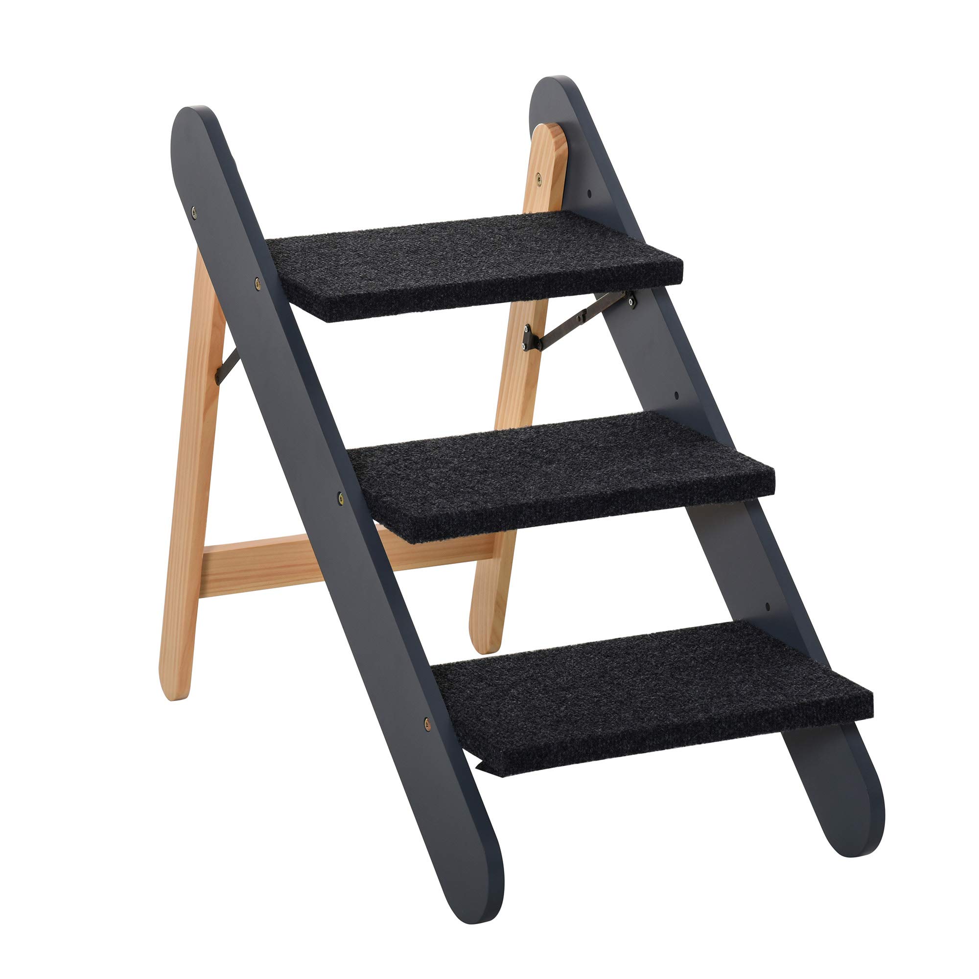 PawHut Wooden Pet Stairs 2 in 1 Convertible Carpeted Ramp Foldable 3 Level Ladder for High Bed Couch Car