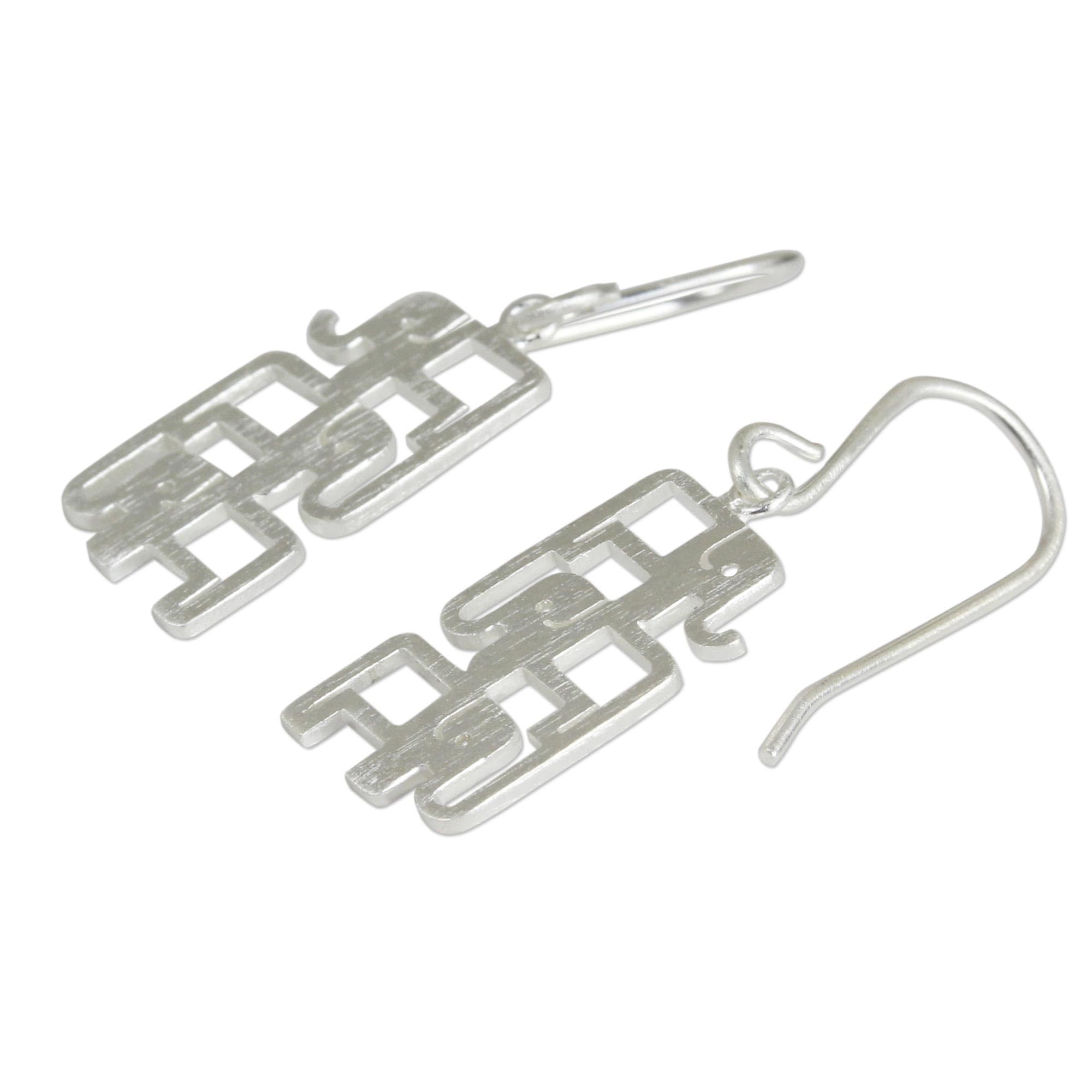 NOVICA Artisan Handmade Sterling Silver Dangle Earrings Brushed Threeelephant Thailand Animal Themed [1.3 in L x 0.4 in W] ' Elephant Pyramid'