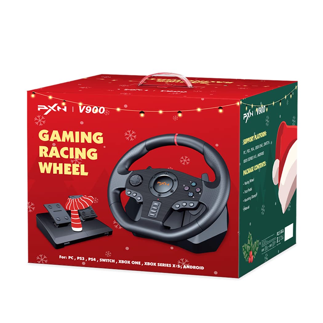 PXN V900 Gaming Steering Wheel - 270/900° PC Racing Wheel with Linear Pedalsm, Accelerator Brake, Left and Right Racing Shift Paddle Simulator for PC, PS3, PS4, Xbox One, Xbox Series X|S, Xmas Gift Box