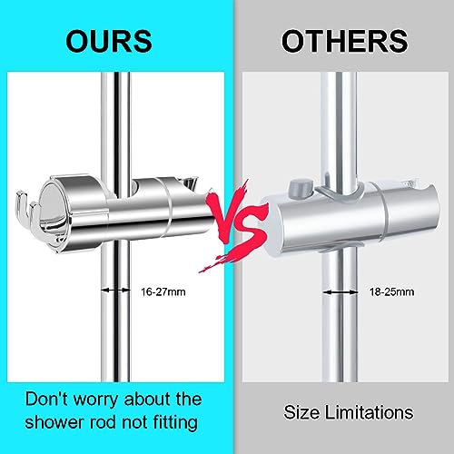 OSDUE Shower Head Holder, 16-27mm Slider Bar Adjustable Shower Head Holder for Slide Bar Slider Clamp Bathroom Replacement, 360 Degree Rotating Sprayer Holder with 2 Hooks, Chrome Finish - Silver