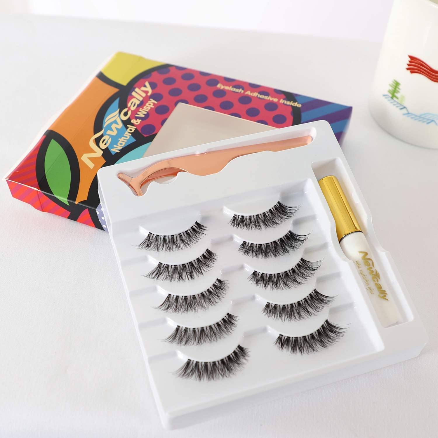 Newcally Lashes Wispy Fake Eyelashes with Glue Set 5 Pairs Natural 3D False Lashes Fluffy Volume Long Strip False Eye Lashes Handmade Luxurious Fake Lashes Pack