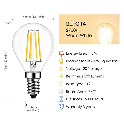 LVWIT E12 Candelabra LED Light Bulbs Dimmable 60 Watt Equivalent, Decorative G45 LED Globe Bulbs, 500 Lumens, Warm White 2700K, Filament Clear Glass, Pack of 6