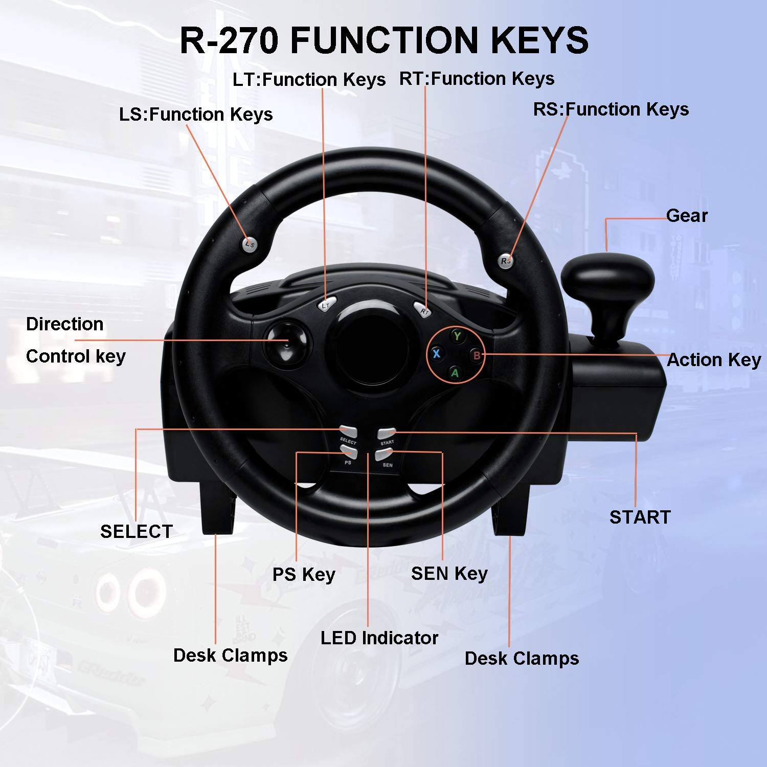 R270 Degree Gaming Racing Steering Wheel w/ Pedals for compatible with XBOX ONE XBOX 360 PC Driving Force Steering Wheel PS3 PS4