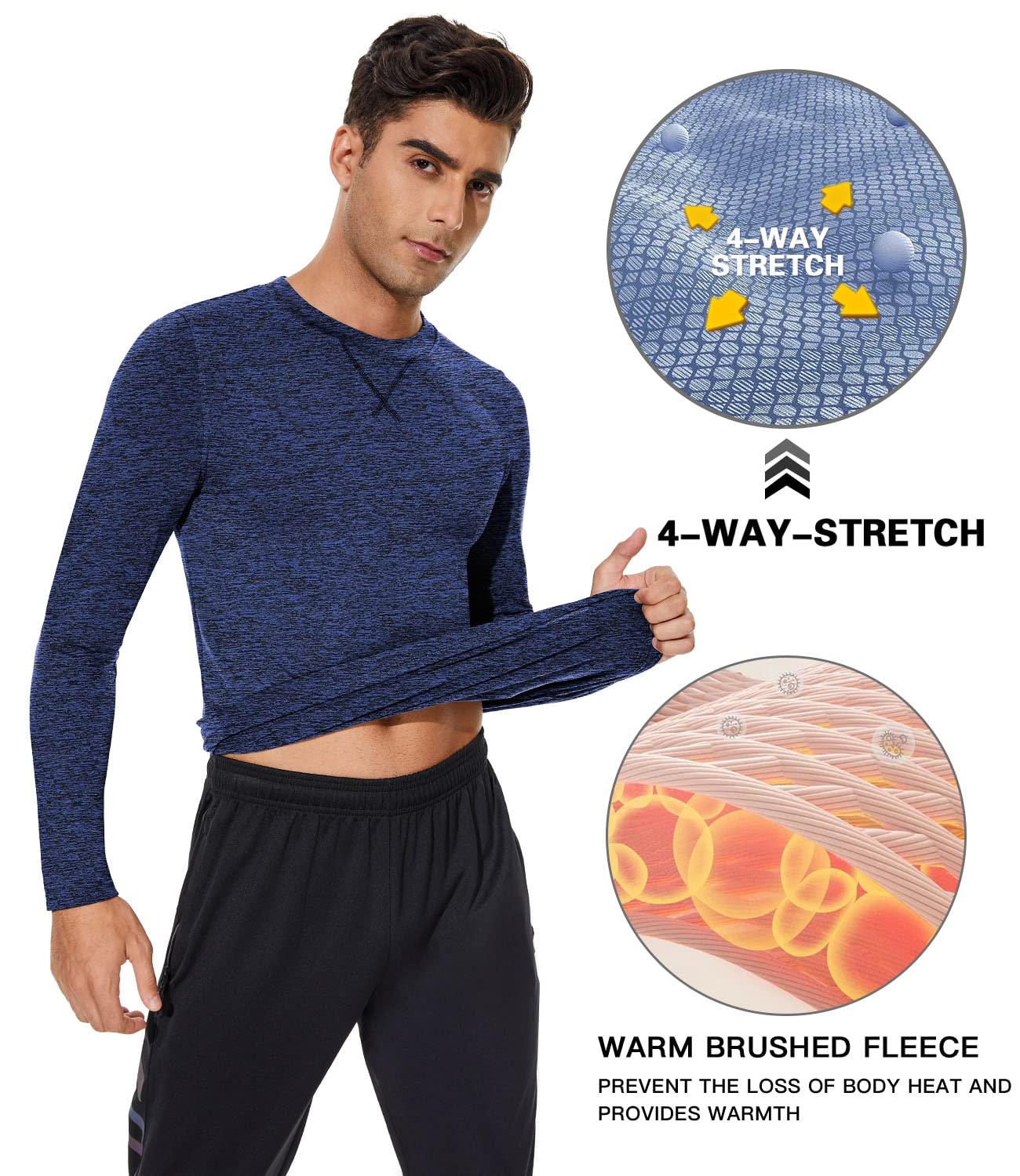 Soneven Long Sleeve Thermal Fleece Shirts for Men Athletic Running Shirt Crewneck Pullover Tops Undershirt(Blue, XX-Large)