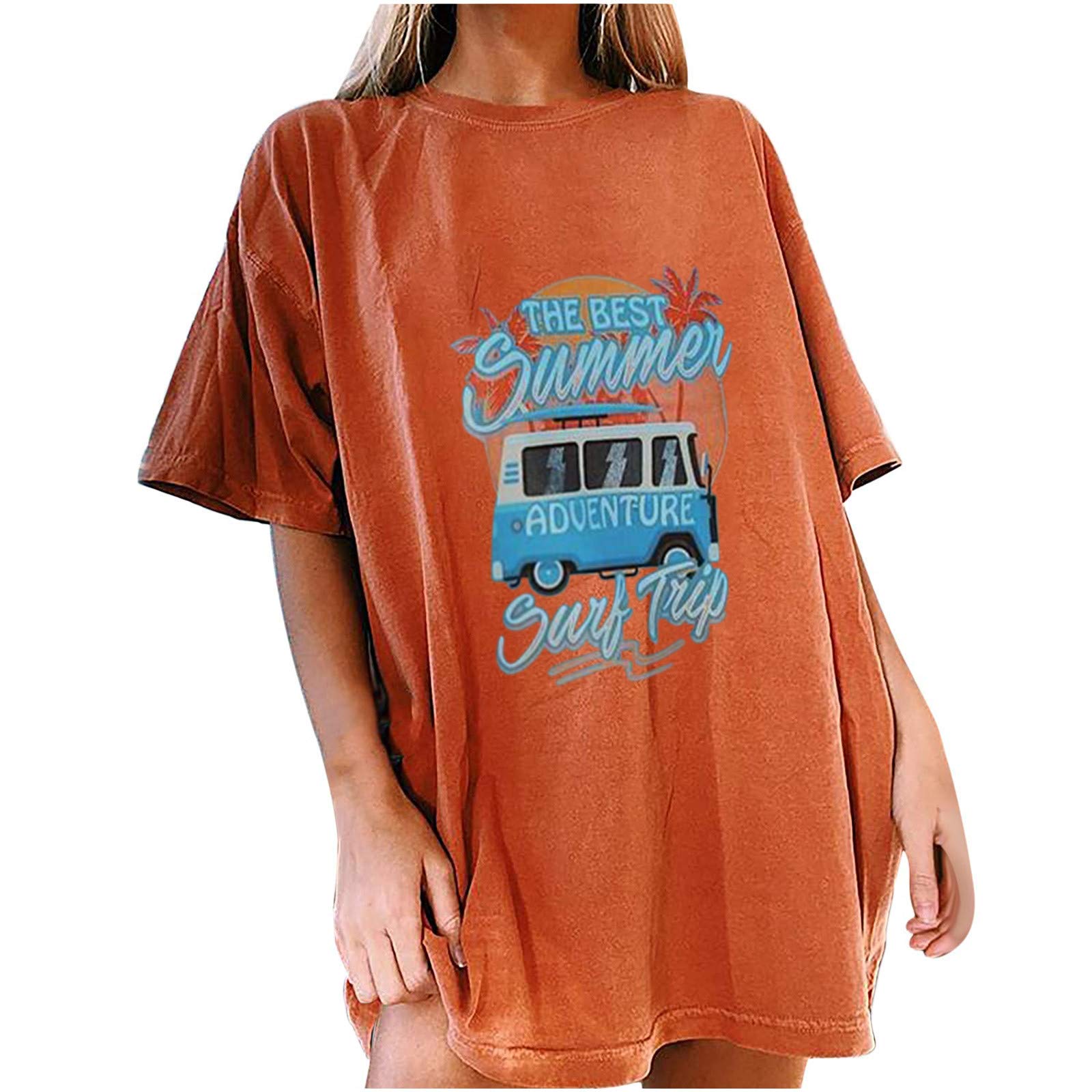 Women's Summer Letter Pattern Print Drop Shoulder Short Sleeve T-Shirt Plus Size Round Neck Casual Tee Solid Color Top (Orange, XXL)