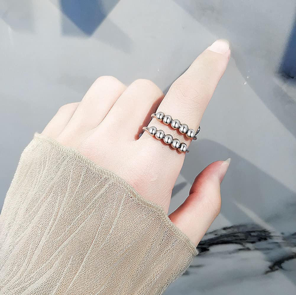 To My Daughter Fidget Rings ,Drive Away Your Anxiety Circle Beads Spinner Ring Adjustable Open Double Layer Ring Jewelry Gift for Mother Daughter (Silver)