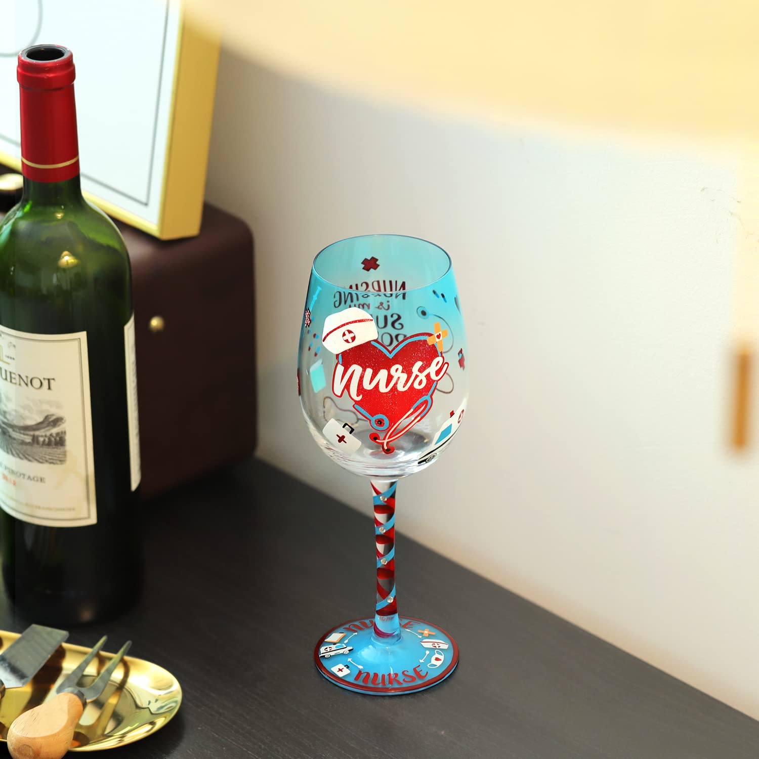 NymphFable Nurse Gifts Hand painted Wine Glass Artisan Painted Glass 15oz for Nurse Nursing Student Gifts for Her