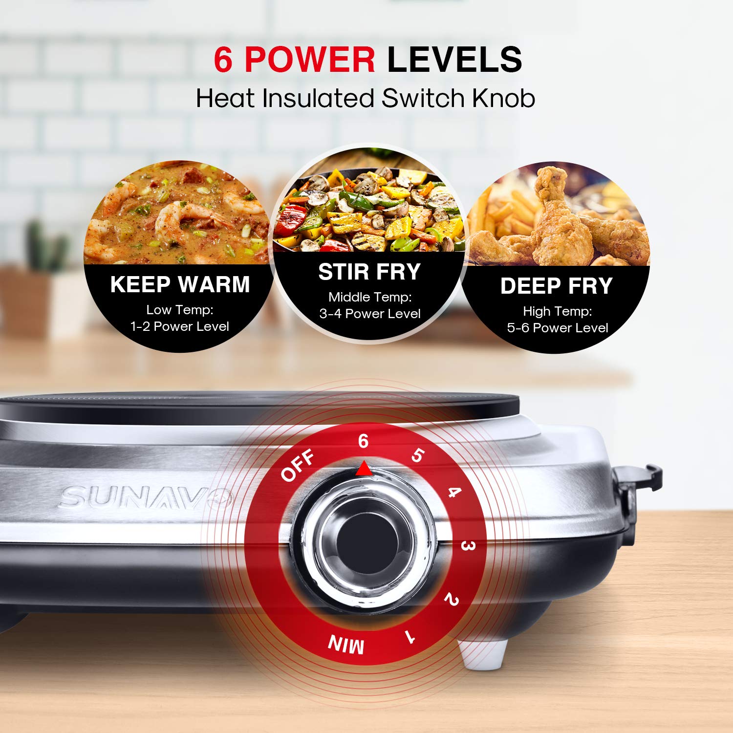 SUNAVO 1500W Hot Plates for Cooking, Electric Single Burner with Handles, 6 Power Levels Stainless Steel Hot Plate for Kitchen Camping RV and More Silver
