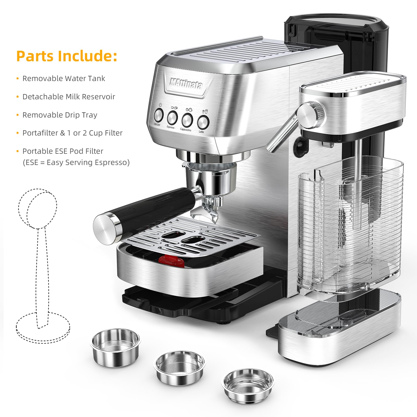 MAttinata Espresso Machine, 20 Bar Cappuccino Machines for Home, Latte Machine with Automatic Milk Frother, Coffee Maker with Dual Wall & ESE Filters