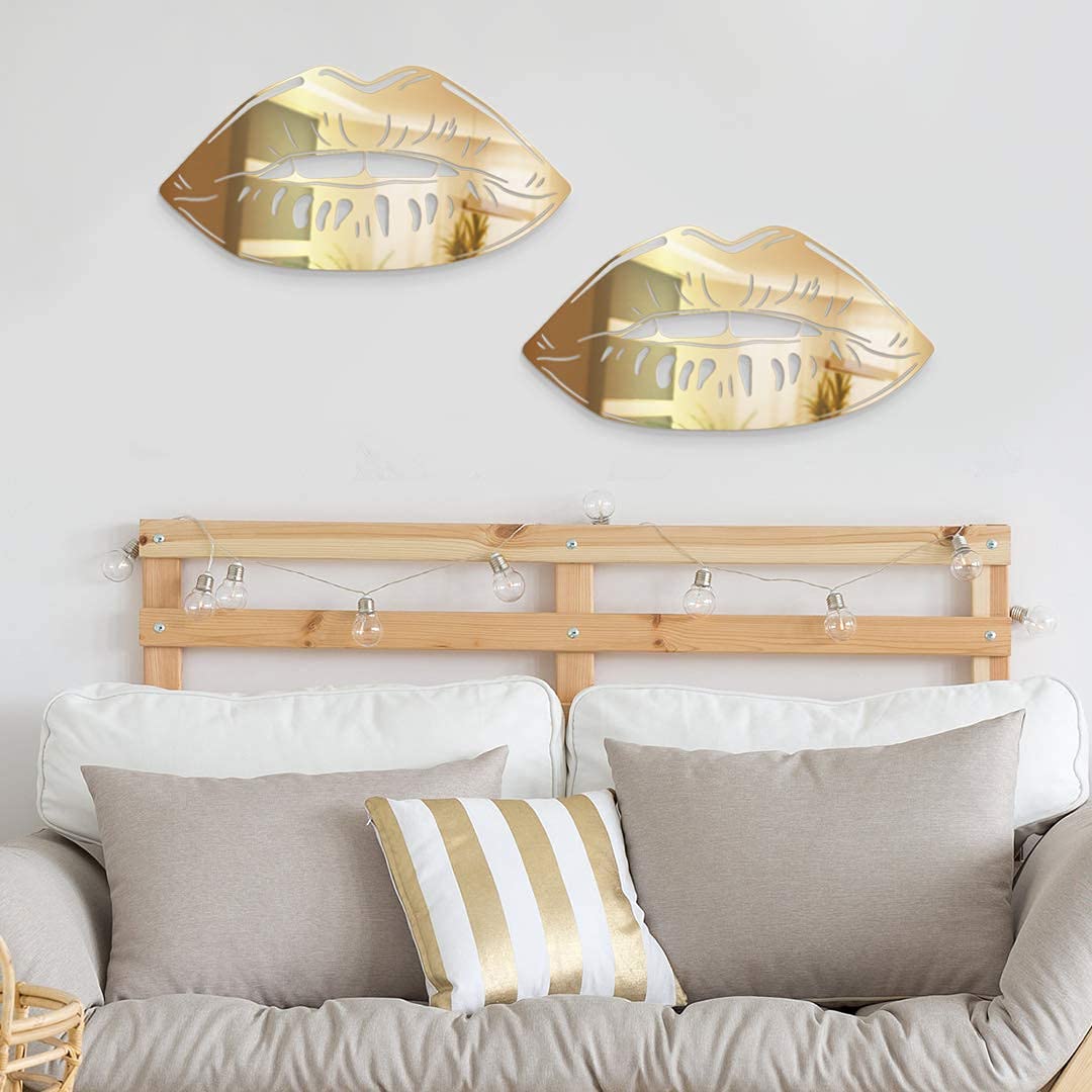 Mirror Lips 3D Wall Art - Ready to Hang Acrylic Wall Decorations for Bedrooms, Dorms, Living Rooms & More - Hand Assembled & Made in The USA - Modern Home Decor (16"W x 8"T, Gold)