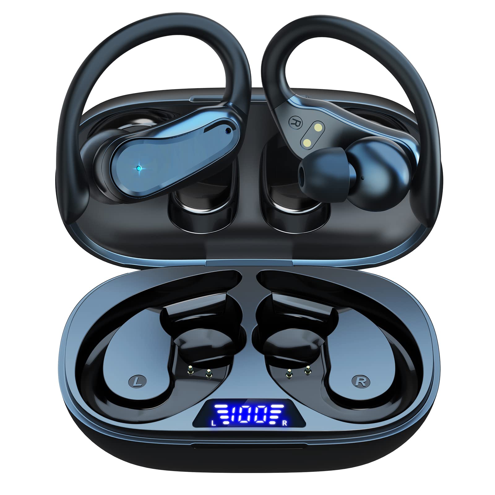 Wireless Earbuds, IPX7 Waterproof Bluetooth 5.1 Earbuds 48Hrs Working Time,QTREE 10Hrs Single Playtime Running Headphones with Earhooks,Over-Ear HiFi Stereo for Workout/Gym/Outdoor(Black)
